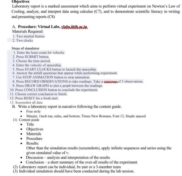 Objectives Laboratory report is a marked assessment | Chegg.com