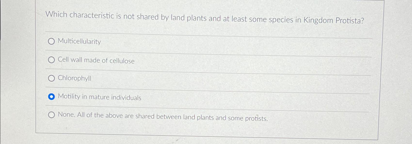 Solved Which characteristic is not shared by land plants and | Chegg.com
