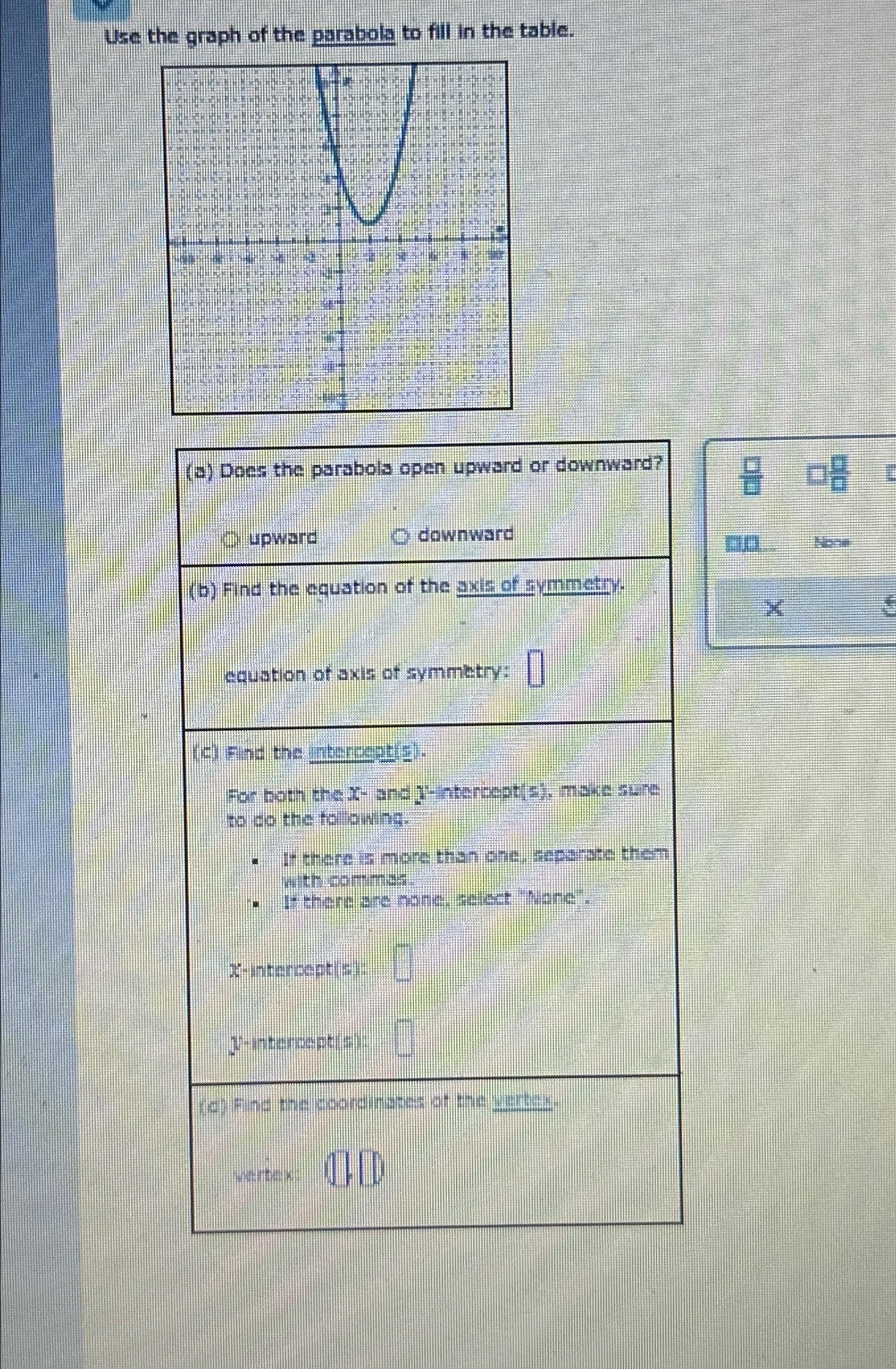 Solved Use the graph of the parabola to fill in the | Chegg.com