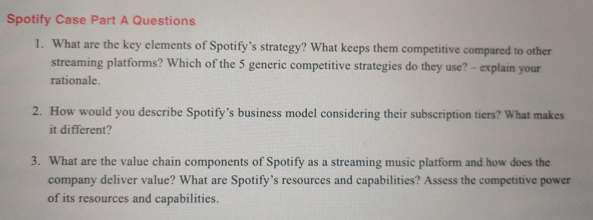 Solved 1. What are the key elements of Spotify's strategy? | Chegg.com