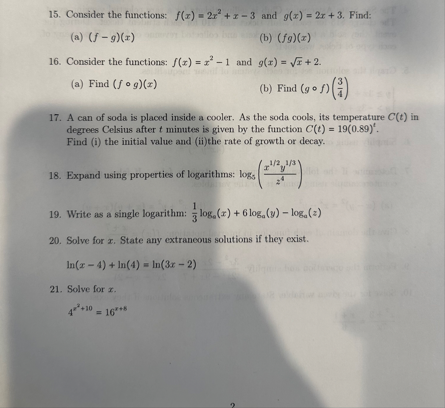 Solved (Answer questions 15 - 21)Consider the functions: | Chegg.com