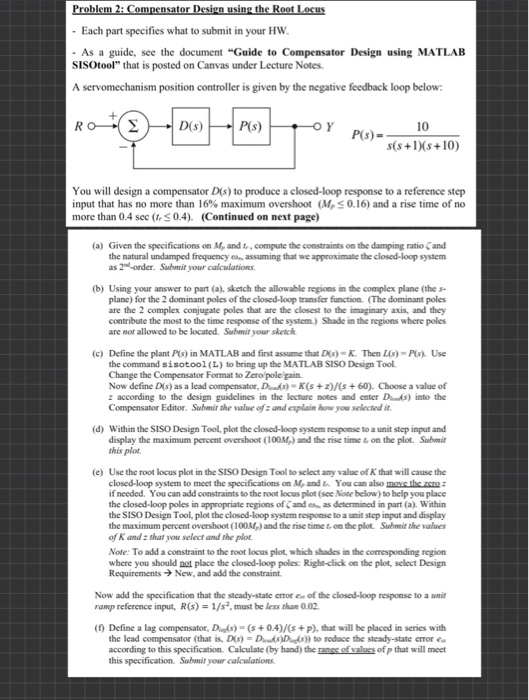 Solved Problem 2: Compensator Design using the Root Locus - | Chegg.com