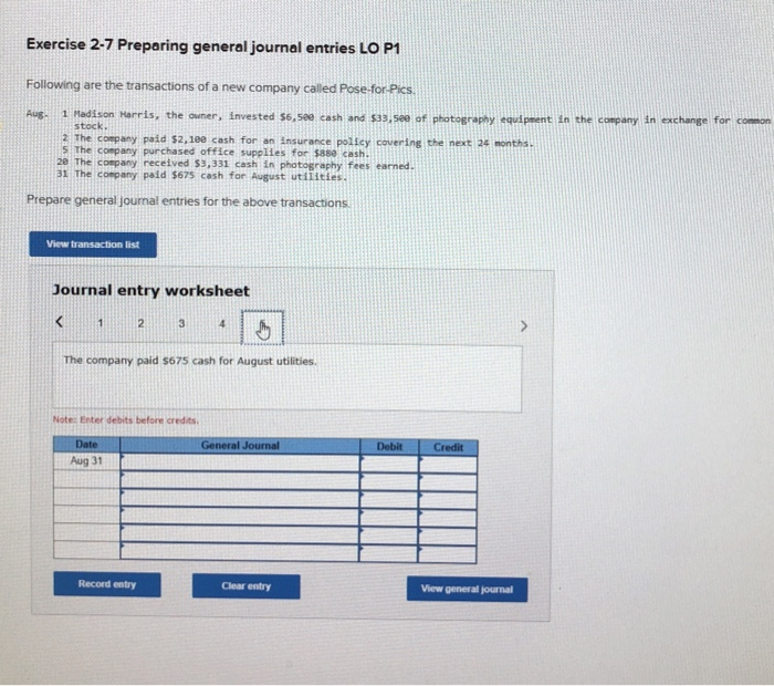 Solved Exercise 2-7 Preparing general journal entries LO P1 | Chegg.com