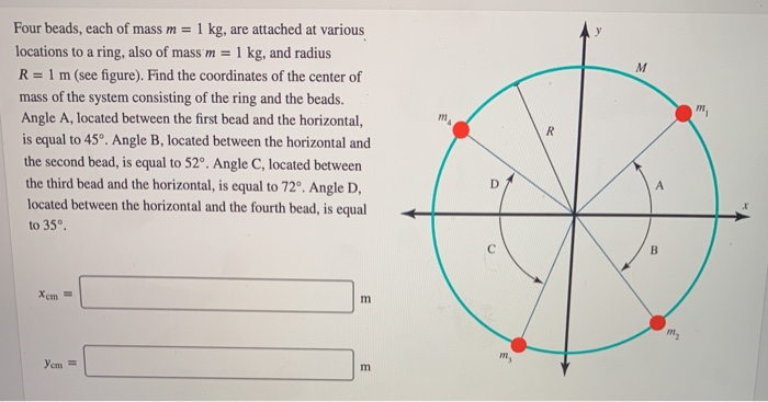 Solved M m, Four beads, each of mass m = 1 kg, are attached | Chegg.com