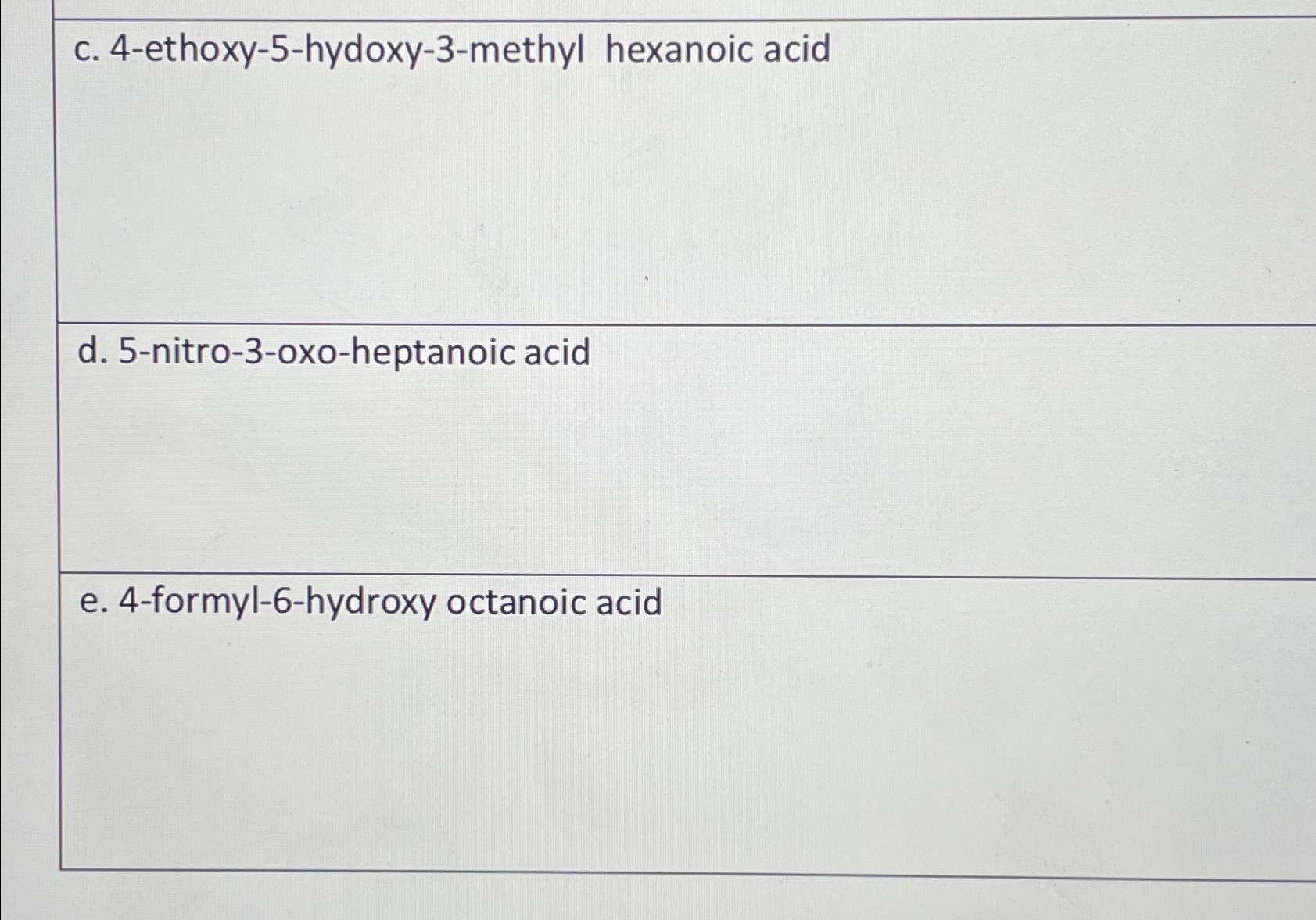 Solved c. 4-ethoxy-5-hydoxy-3-methyl hexanoic | Chegg.com