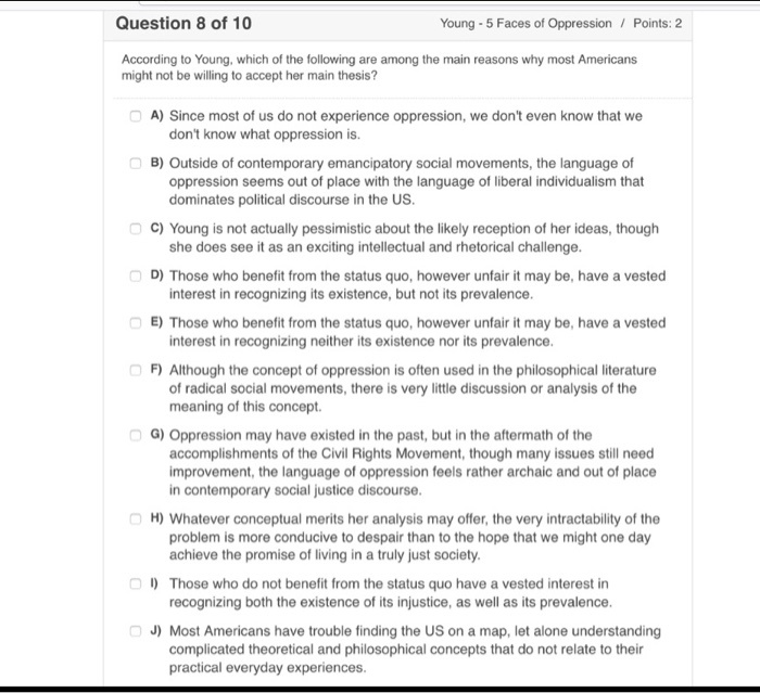 Solved Question 8 of 10 Young - 5 Faces of Oppression / | Chegg.com