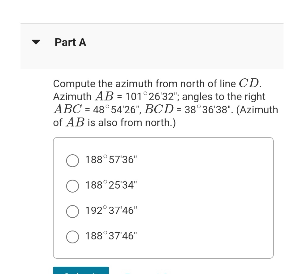 Solved Part ACompute the azimuth from north of line CD. | Chegg.com