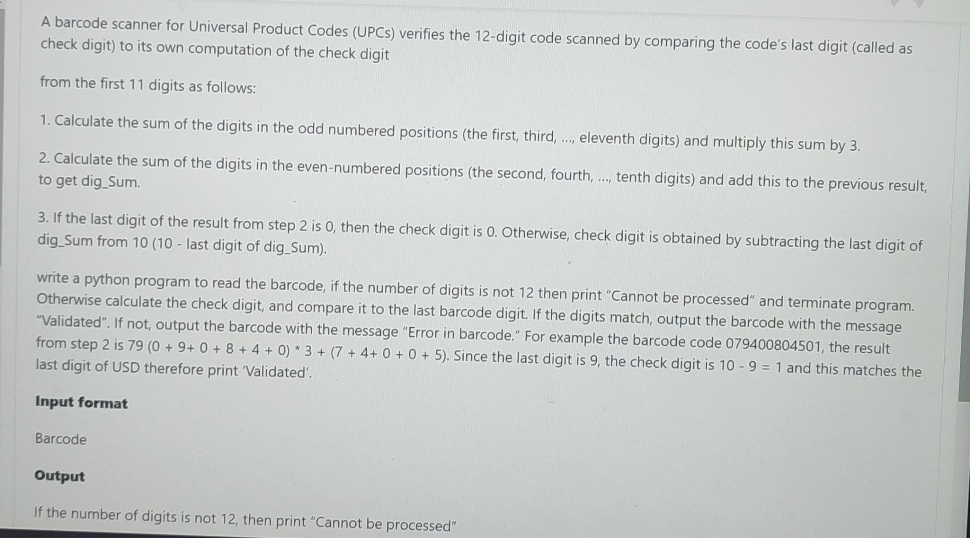 Solved A barcode scanner for Universal Product Codes (UPCs) | Chegg.com