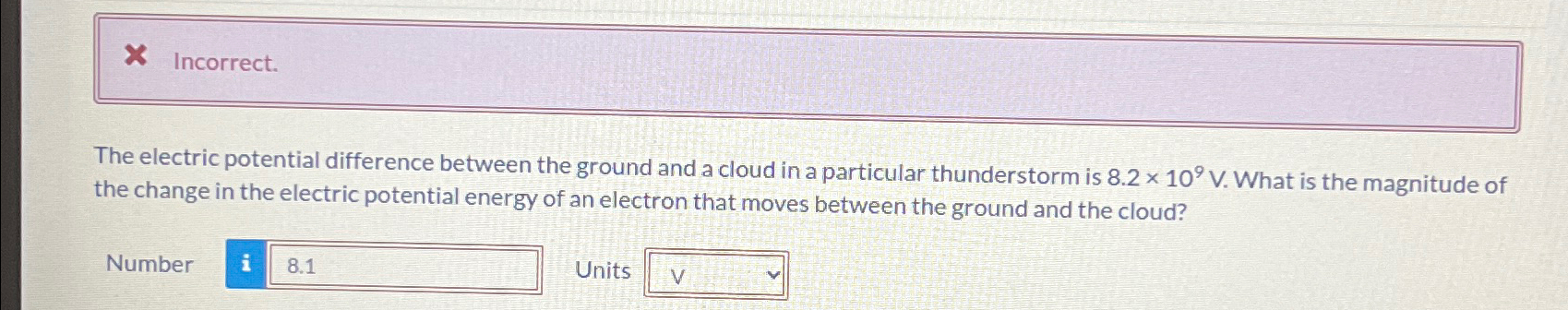 Solved Incorrect.The electric potential difference between | Chegg.com
