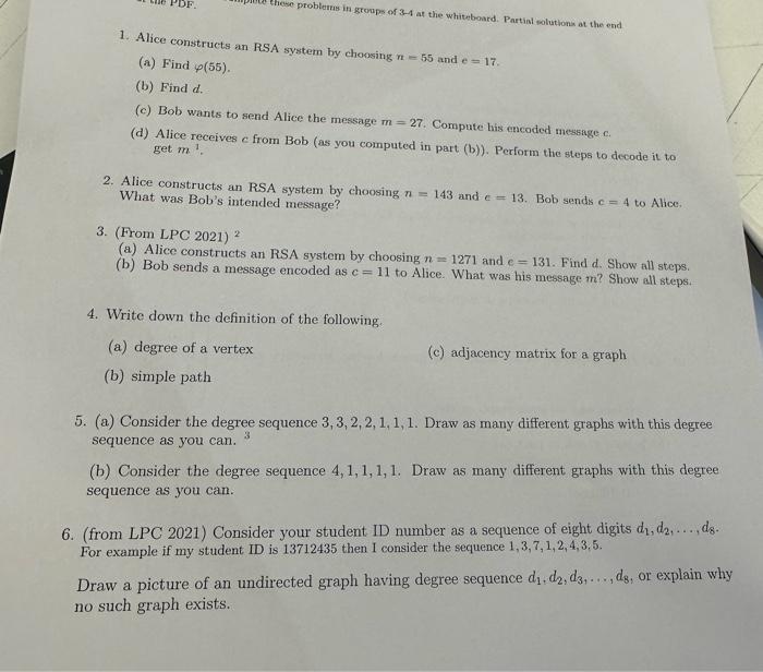 Solved 1. Alice constructs an RSA system by choosing n=55 | Chegg.com