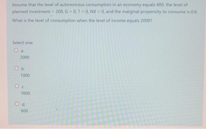 Solved Assume that the level of autonomous consumption in an | Chegg.com