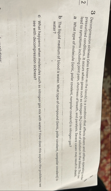 Solved 3 ﻿Decompression sickness (also known as the bends) | Chegg.com