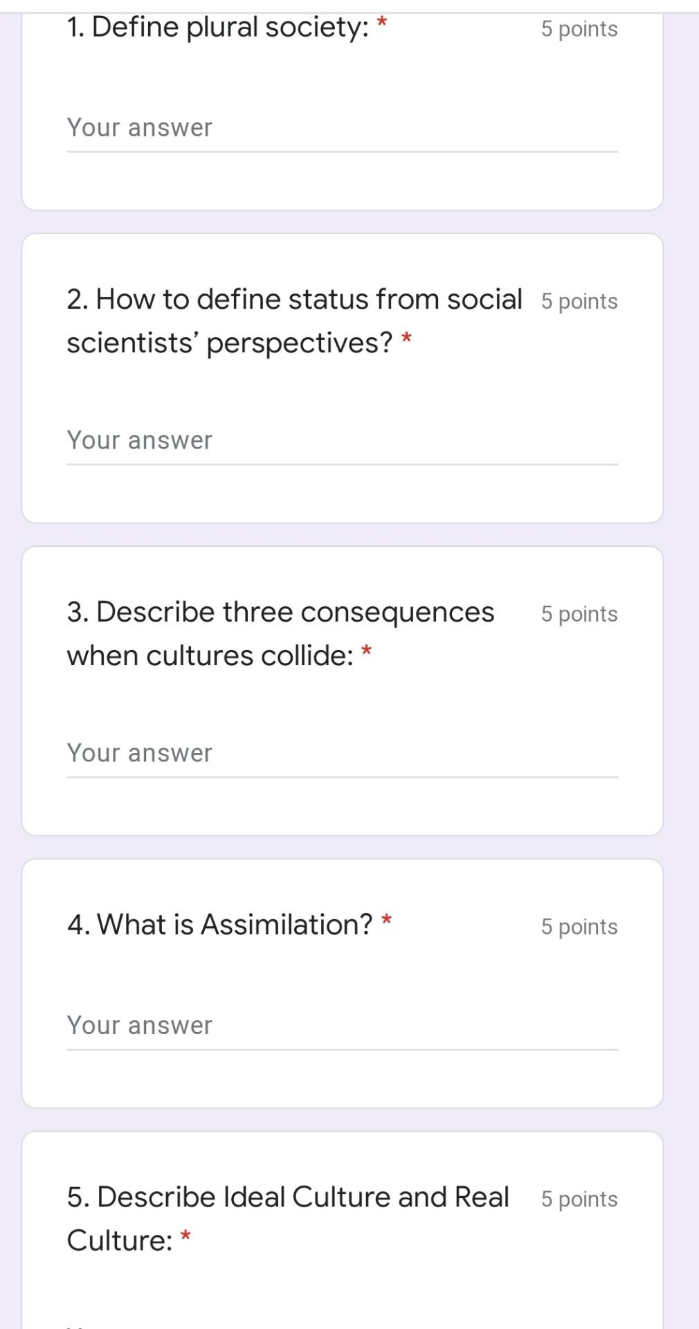 Solved 1. Define plural society: * 5 points Your answer 2. | Chegg.com