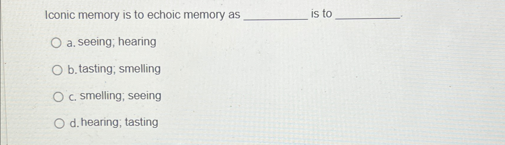 Solved Iconic memory is to echoic memory as is toa. ﻿seeing; | Chegg.com
