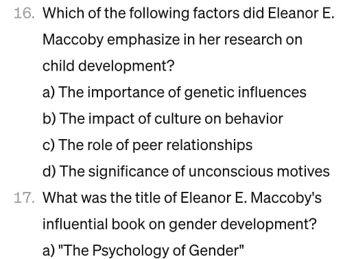 Solved Which of the following factors did Eleanor E.Maccoby | Chegg.com