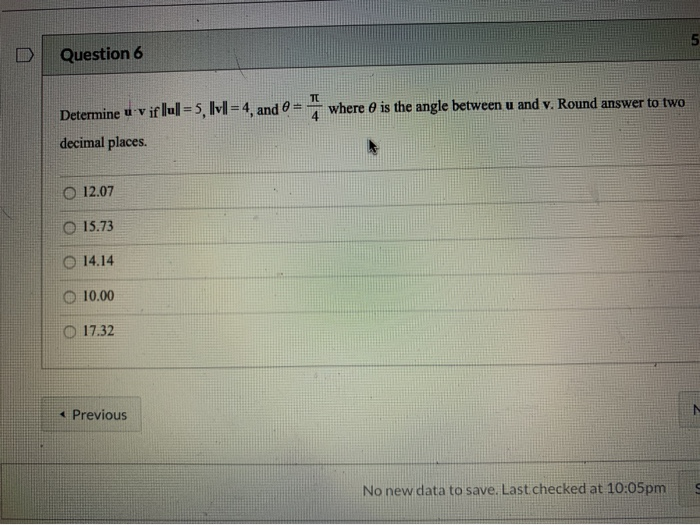 Solved Question 6 Determine u viflu=5, Ivl=4, and =- where | Chegg.com