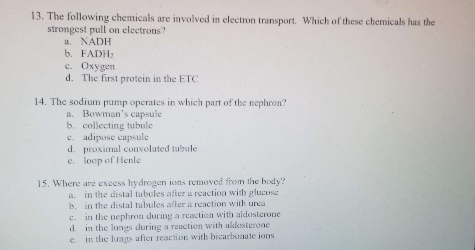 Solved 13. The following chemicals are involved in electron | Chegg.com