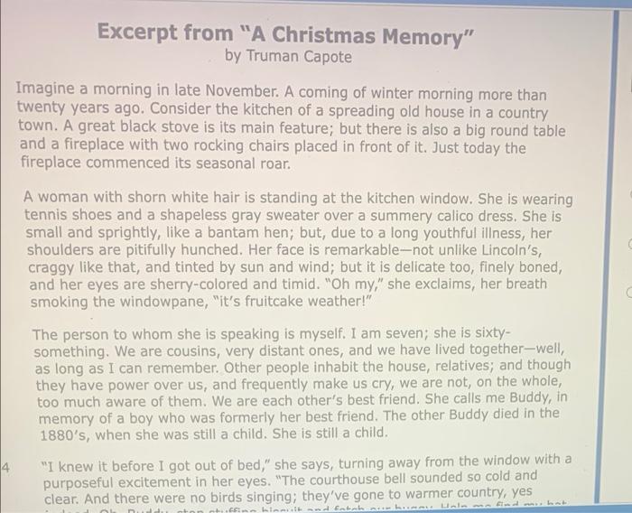 Excerpt from "A Christmas Memory" by Truman Capote | Chegg.com