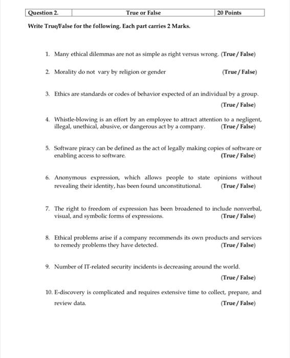 20 Points Question 2 True or False Write True/False | Chegg.com