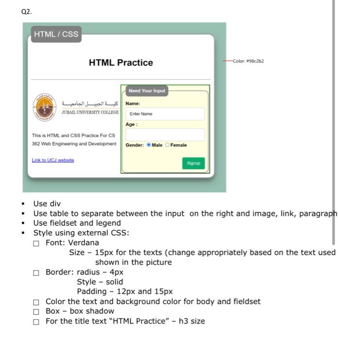 Solved Q2. HTML / CSS HTML Practice -Color: 98c2b2 Need Your | Chegg.com