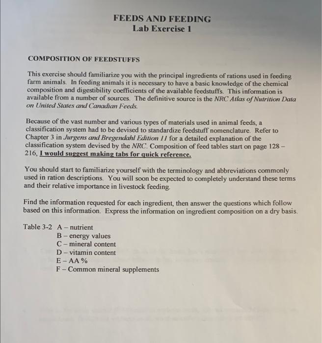 FEEDS AND FEEDING Lab Exercise 1 COMPOSITION OF | Chegg.com