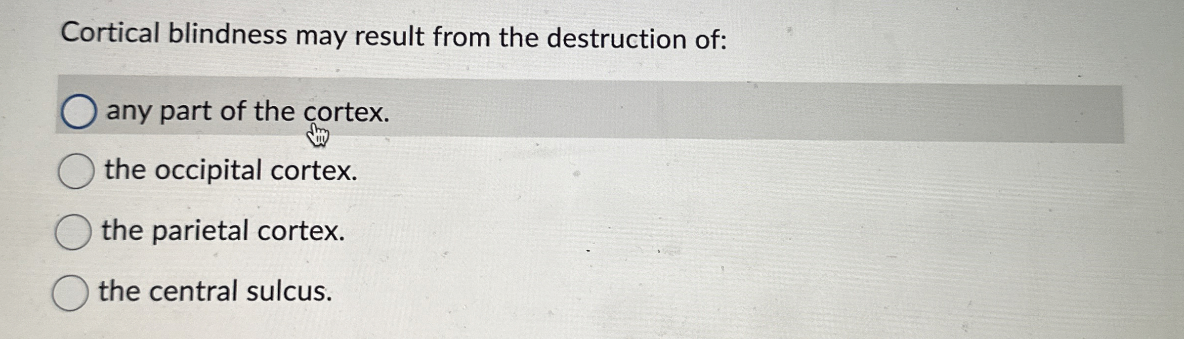 Solved Cortical blindness may result from the destruction | Chegg.com