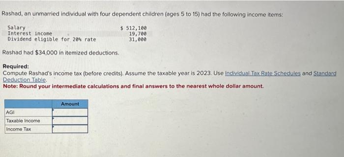 Solved Rashad, an unmarried individual with four dependent | Chegg.com