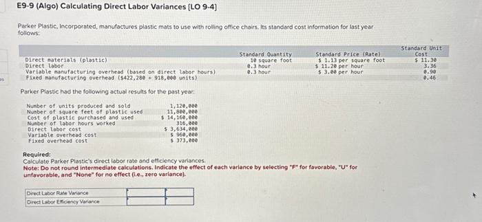 Solved E9-9 (Algo) Calculating Direct Labor Variances [LO | Chegg.com