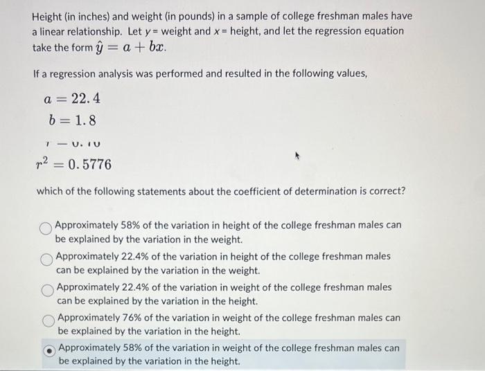 Solved Height (in inches) and weight (in pounds) in a sample | Chegg.com