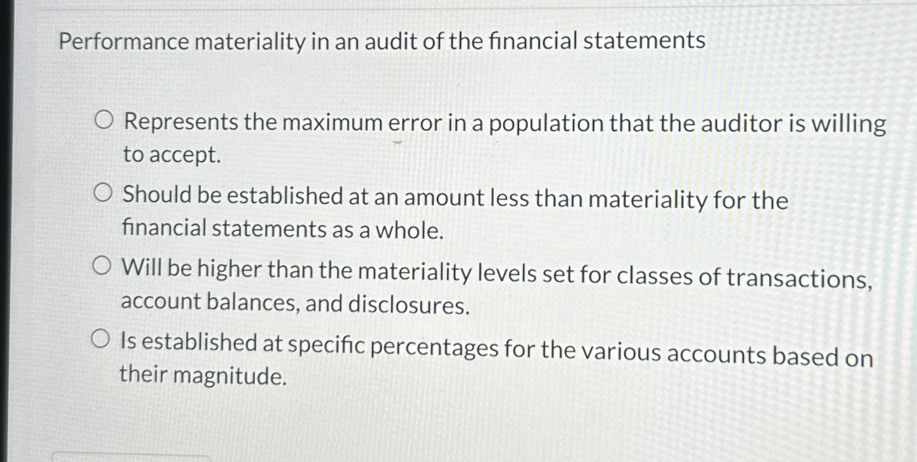 Solved Performance materiality in an audit of the financial | Chegg.com