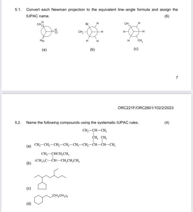 Solved 5.1. Convert each Newman projection to the equivalent | Chegg.com