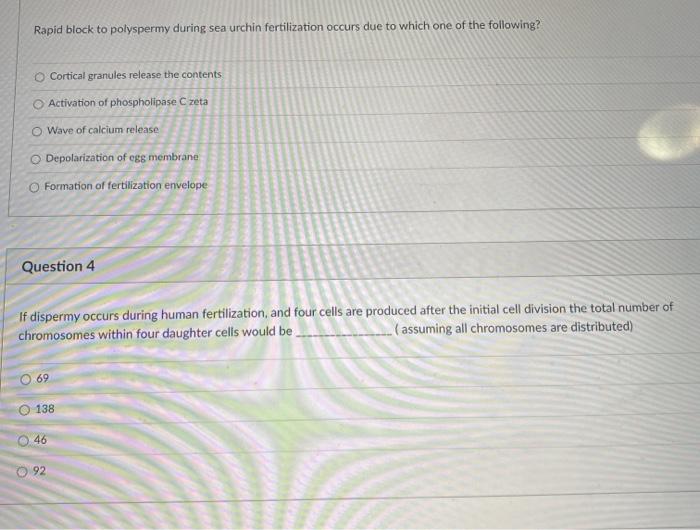 Solved Rapid block to polyspermy during sea urchin | Chegg.com