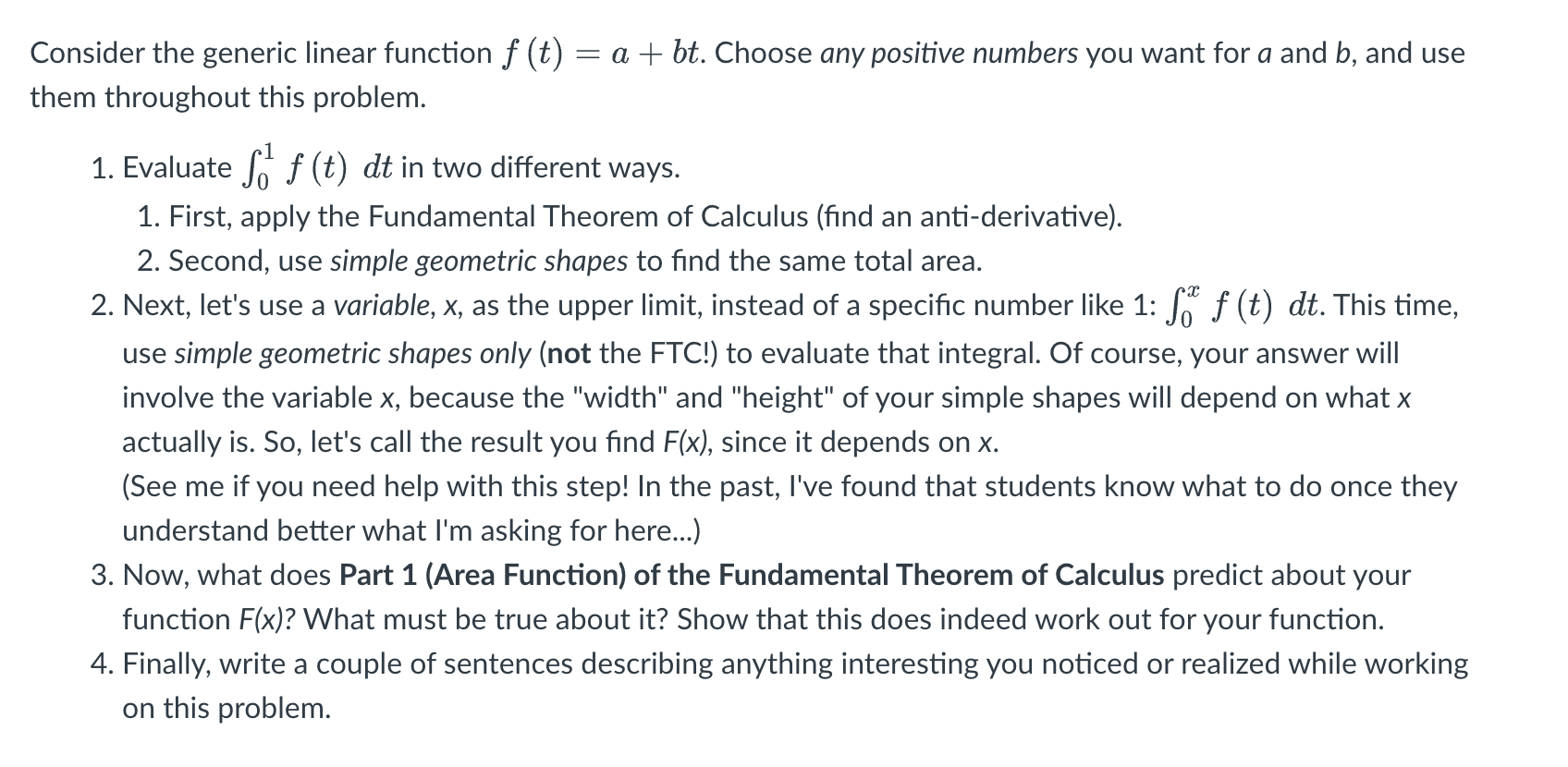 Solved Consider the generic linear function f(t)=a+bt. | Chegg.com