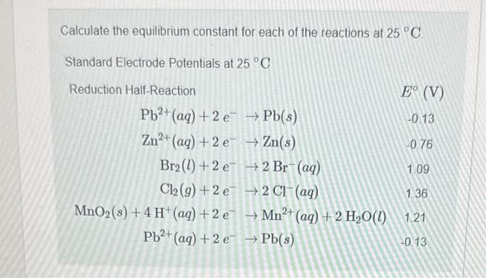 Solved Calculate the equilibrium constant for each of the | Chegg.com