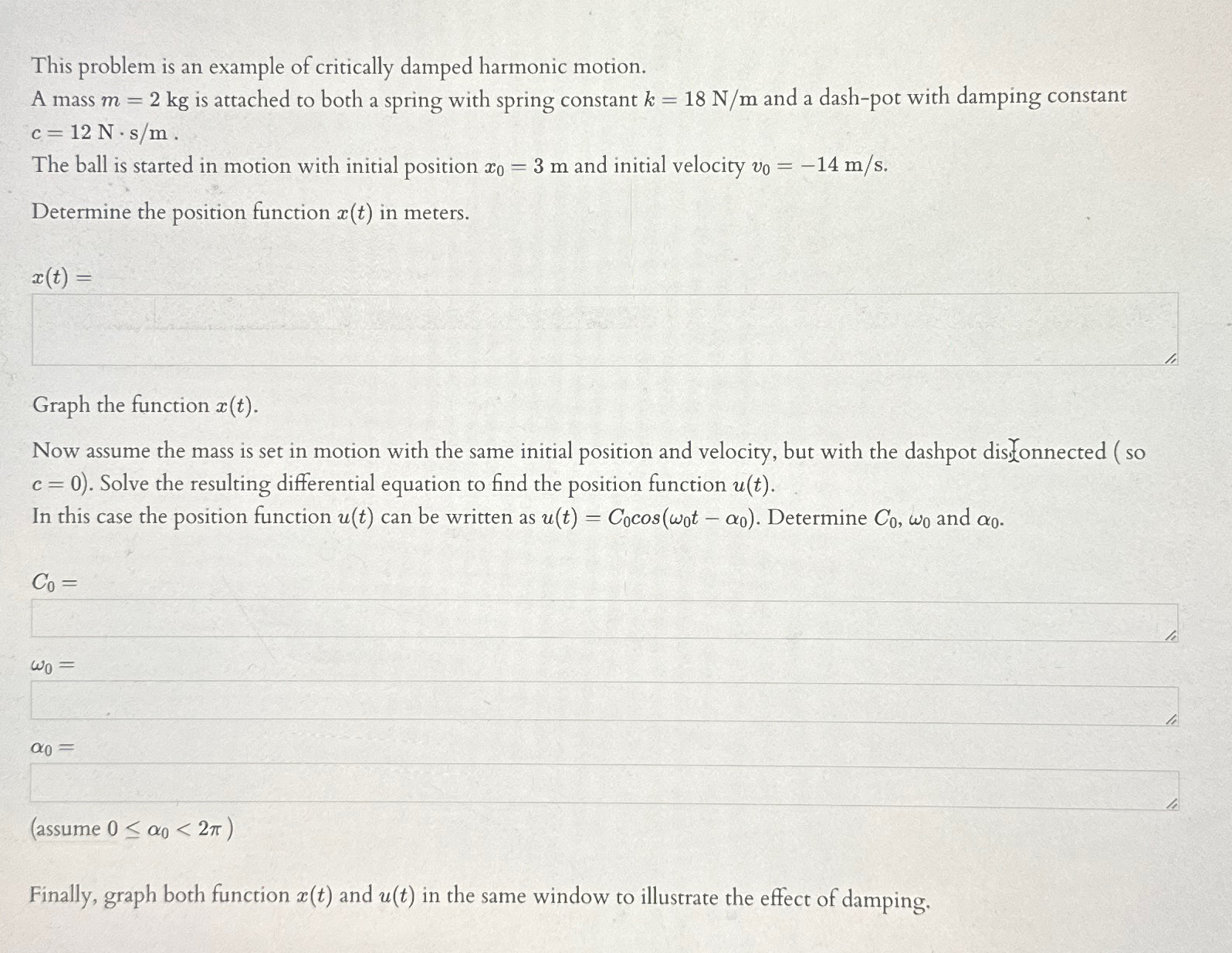 Solved This problem is an example of critically damped | Chegg.com