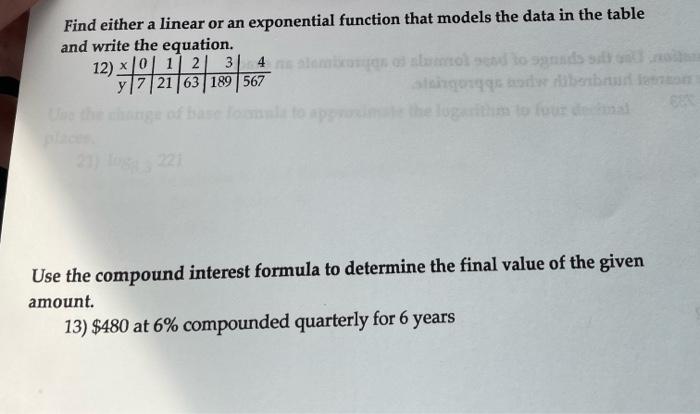 Solved Find either a linear or an exponential function that | Chegg.com