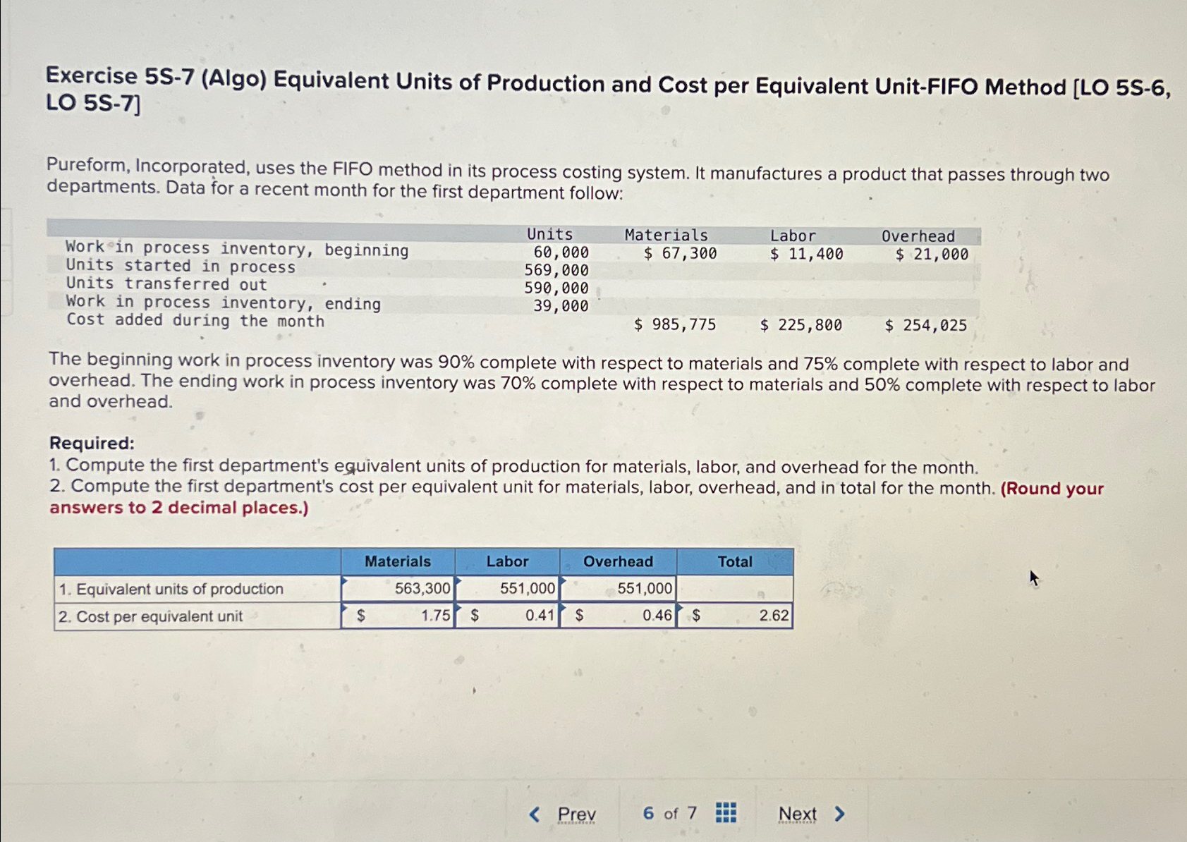 Solved Exercise 5S-7 (Algo) ﻿Equivalent Units of Production | Chegg.com