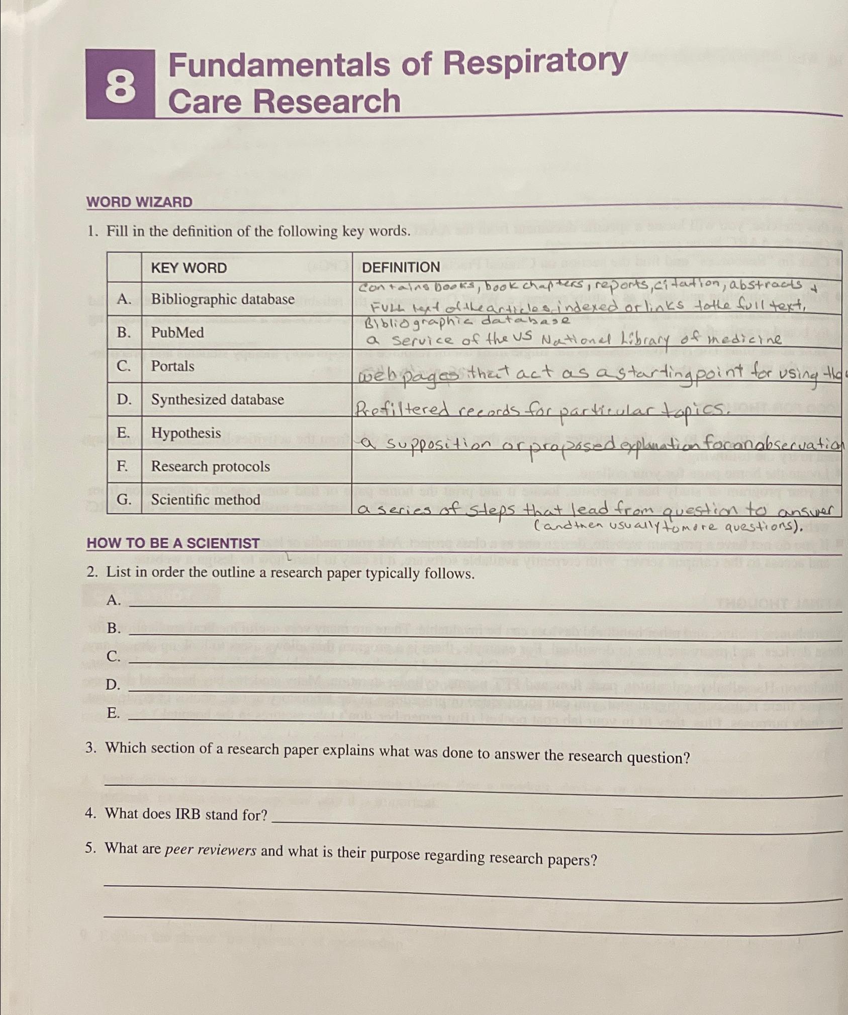 Solved Fundamentals of Respiratory Care ResearchWORD | Chegg.com