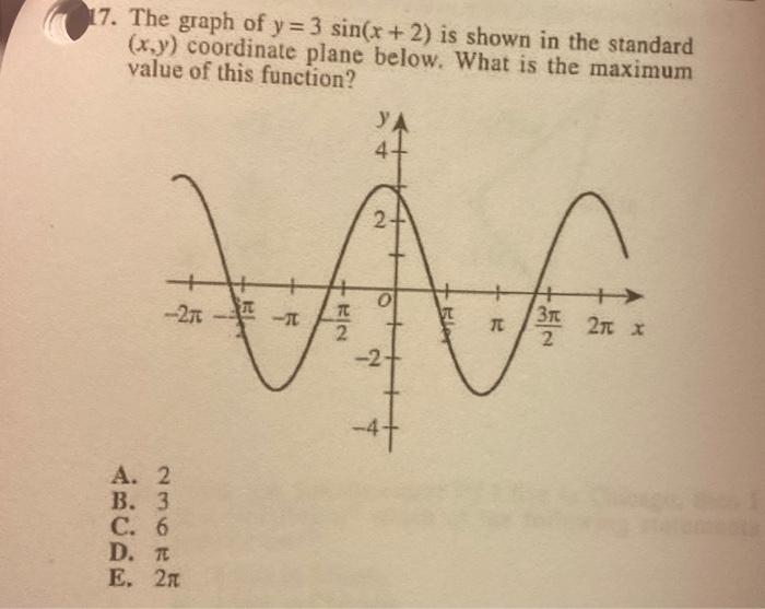 Solved 17. The graph of y = 3 sin(x + 2) is shown in the | Chegg.com