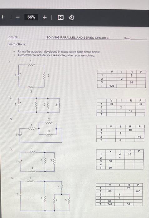Solved 66% + 0 SPH3U SOLVING PARALLEL AND SERIES CIRCUITS | Chegg.com
