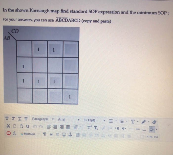 Solved In the shown Karnaugh map find standard SOP | Chegg.com