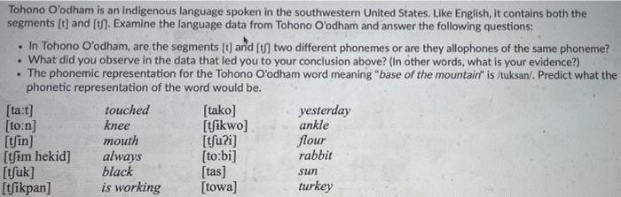 . Tohono O'odham is an indigenous language spoken in | Chegg.com