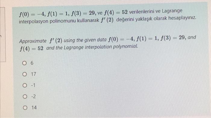 Solved ƒ(0) = −4, ƒ(1) = 1, ƒ(3) — 29, ve f(4) 52 | Chegg.com