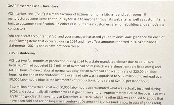 Solved GAAP Research Case - Inventory VCl Interiors, Inc. | Chegg.com