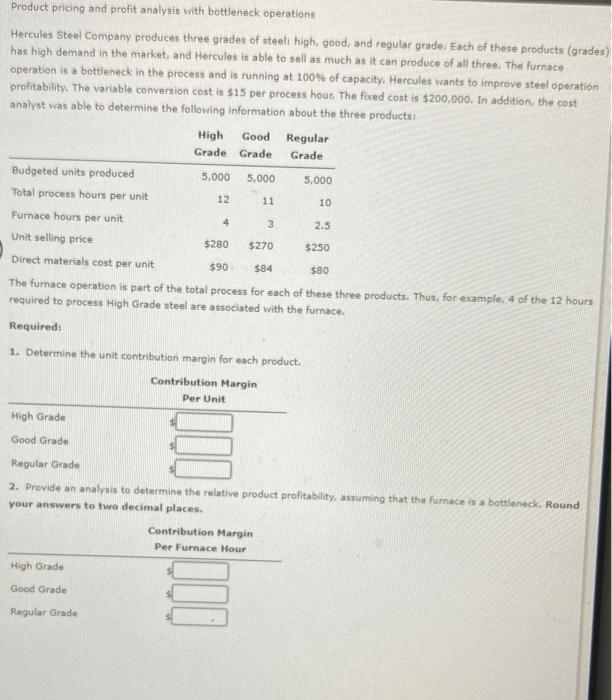 Solved Product pricing and profit analysis with bottleneck | Chegg.com