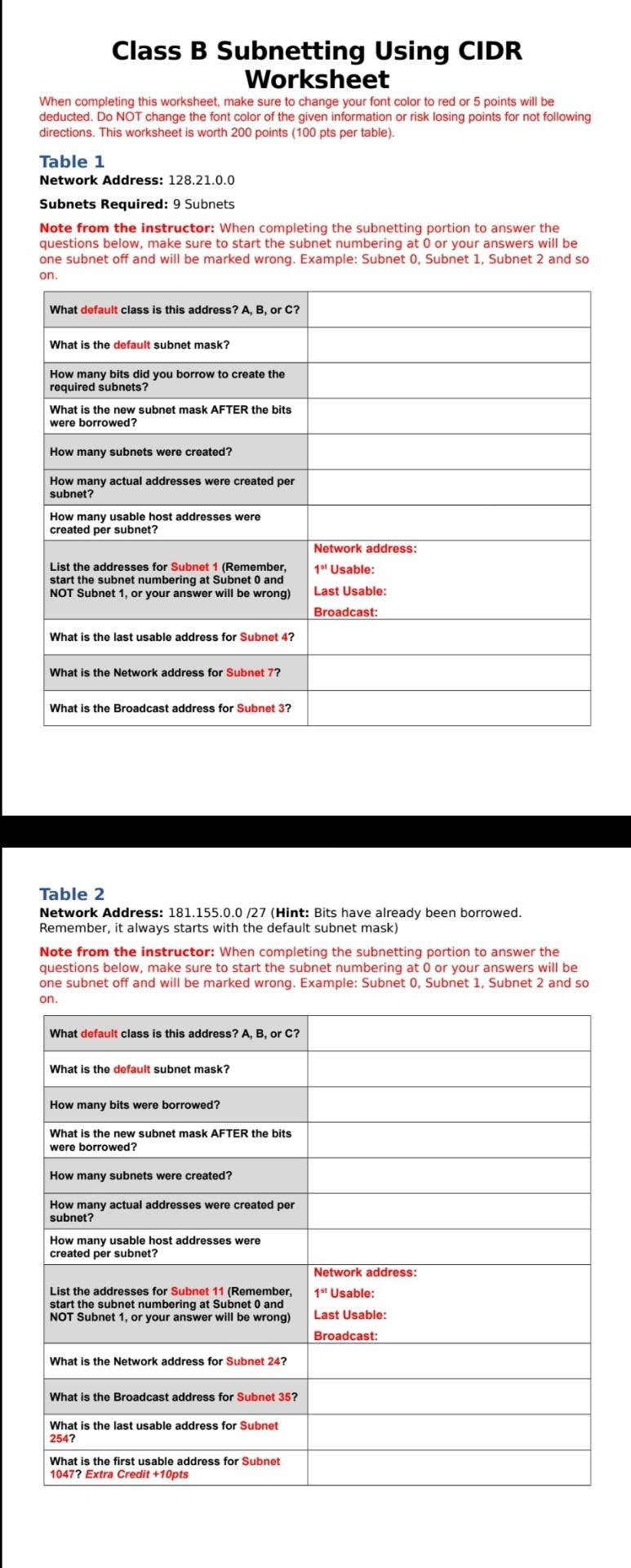 Solved Class B Subnetting Using Cidr Worksheet When