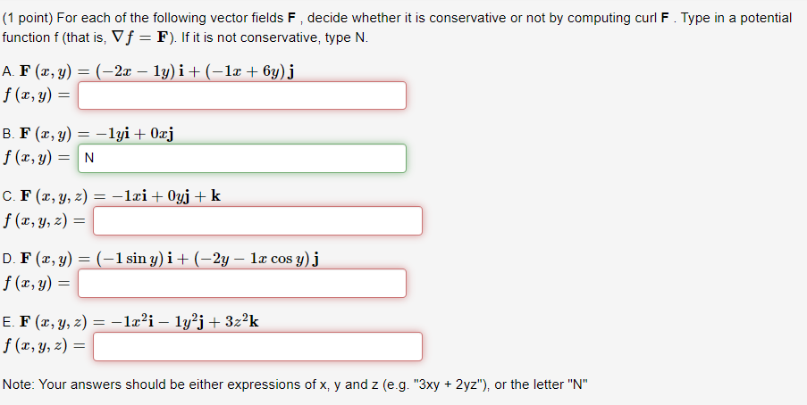Solved (1 ﻿point) ﻿For each of the following vector fields | Chegg.com