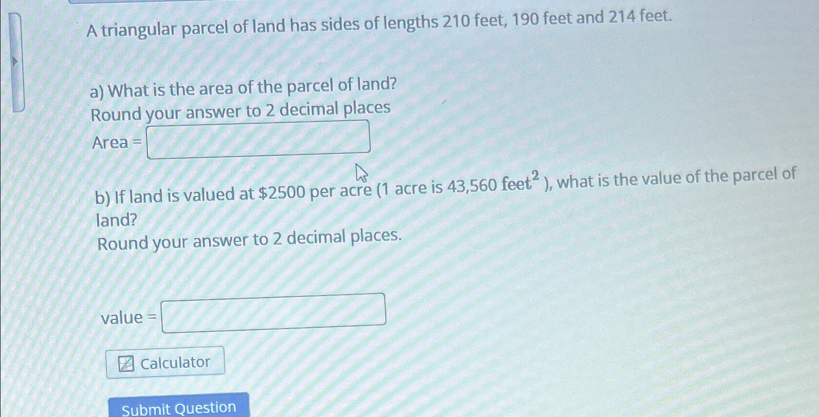 Solved A triangular parcel of land has sides of lengths 210 | Chegg.com