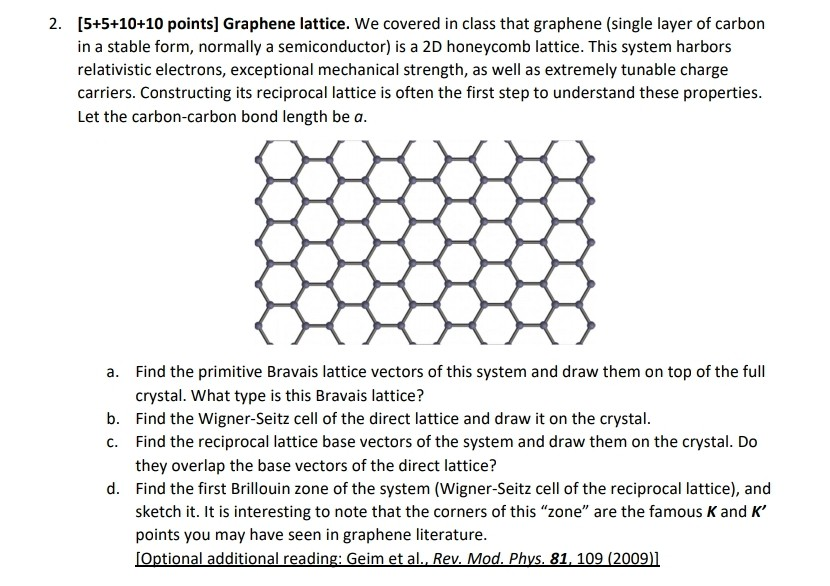Solved 2. [5+5+10+10 points] Graphene lattice. We covered in | Chegg.com