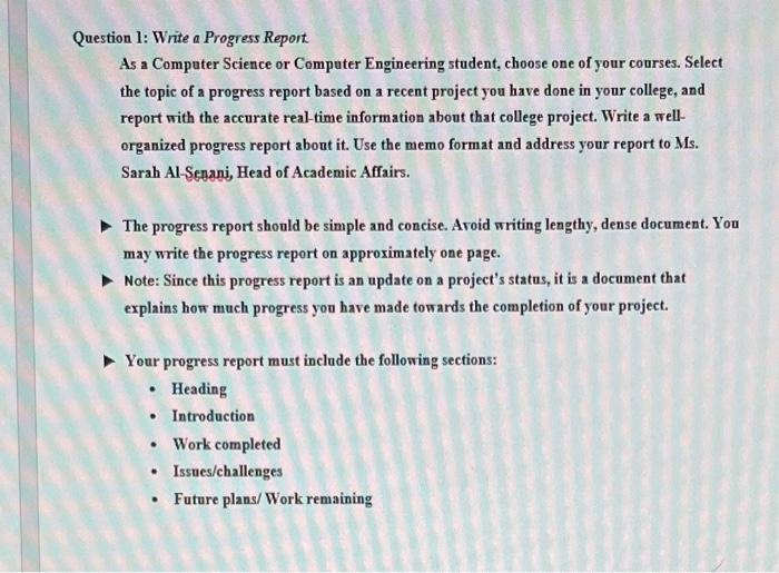 Question 1: Write a Progress Report As a Computer | Chegg.com